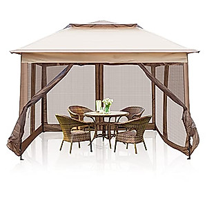 LONABR 11'X11' Pop Up Gazebo with Mosquito Netting Canopy Tent with Sidewalls, Outdoor Canopy Tent for Patio Backyard Garden, Brown