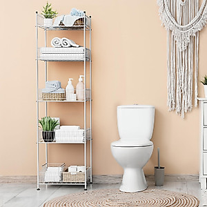 smusei Bathroom Storage Shelf Freestanding Bathroom Shelves Organizer, 5 Tier Bathroom Towel Storage Rack Stand Metal Wire Shelving Units for Small Space Kitchen Pantry Laundry Room, Silver