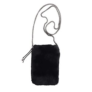 surell - Luxurious Rex Rabbit Fur Mobile Bag - Fluffy Crossbody w Long Chain - Sleek Fashion Purse Gift - Fuzzy Wallet w Magnetic Closure - Stylish Quality Fuzzy Cross Body Bag - (Black)