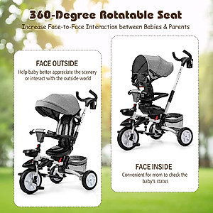 BABY JOY Tricycle, 7 in 1 Folding Toddler Bike w/Removable Push Handle, Rotatable Seat, Adjustable Canopy, Safety Harness, Storage, Cup Holder, Trike for 1-5 Year Old, Tricycle for Toddlers (Gray)