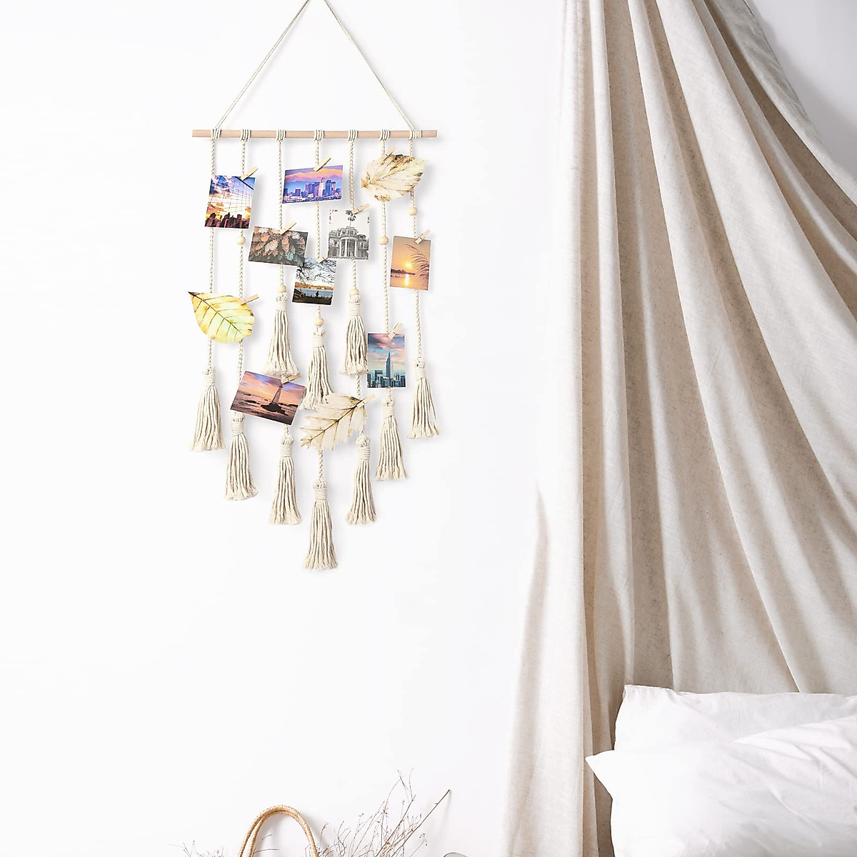 Mkono Hanging Photo Display Boho Macrame Wall Decor with Light, Teen Girl Teenage Gifts, Pictures Cards Frame Holder Art Hanger for Birthday Party Room Bedroom Dorm, with 30 Wood Clips, Ivory