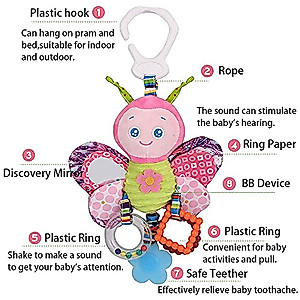 D-KINGCHY Baby Toys Car Seat Stroller Toy Plush Hanging Toy Animal Stuffed Hanging Rattle Toys Newborn Crib Bed Around Toy with Teether Rattle Sound for 0-3 Years Old (Butterfly)