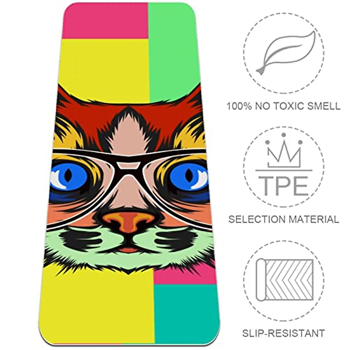 Yoga Mat, Yoga Mats for Home Workout, Workout Mat, Exercise Mats, Pilates Mat, Glasses Color Cat Abstract