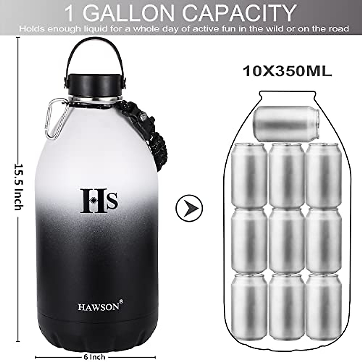HAWSON Insulated Water Bottle 128oz with Straw Handle Lid Sport One Gallon Water Jug Stainless Steel Cold Water Bottles with Paracord Handle Wide Mouth Thermo Canteen Mug