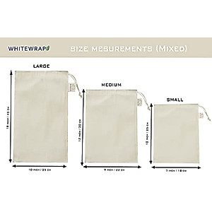 WHITEWRAP Reusable Produce Bags with Drawstrings | Mixed (S, M, L) |12-Pack |Eco Friendly Bags, Food Storage, Natural Cotton, Biodegradable Fabric Bags, Snack Bags, Cloth Bags, Gift Bag