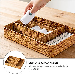 STOBOK 1Pc Woven Kitchen Drawer, Organizer Rattan Utensil Tray Silverware Tray Cutlery Storage Basket Compartment Forks Spoon Storage Tray for Home