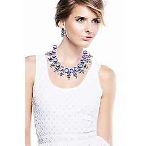 Zthread Luxury Colorful Crystal Statement Necklace Leaf Pendant Choker Eveing Dress Bridal Jewelry Necklace Earrings Set for Women (Purple)