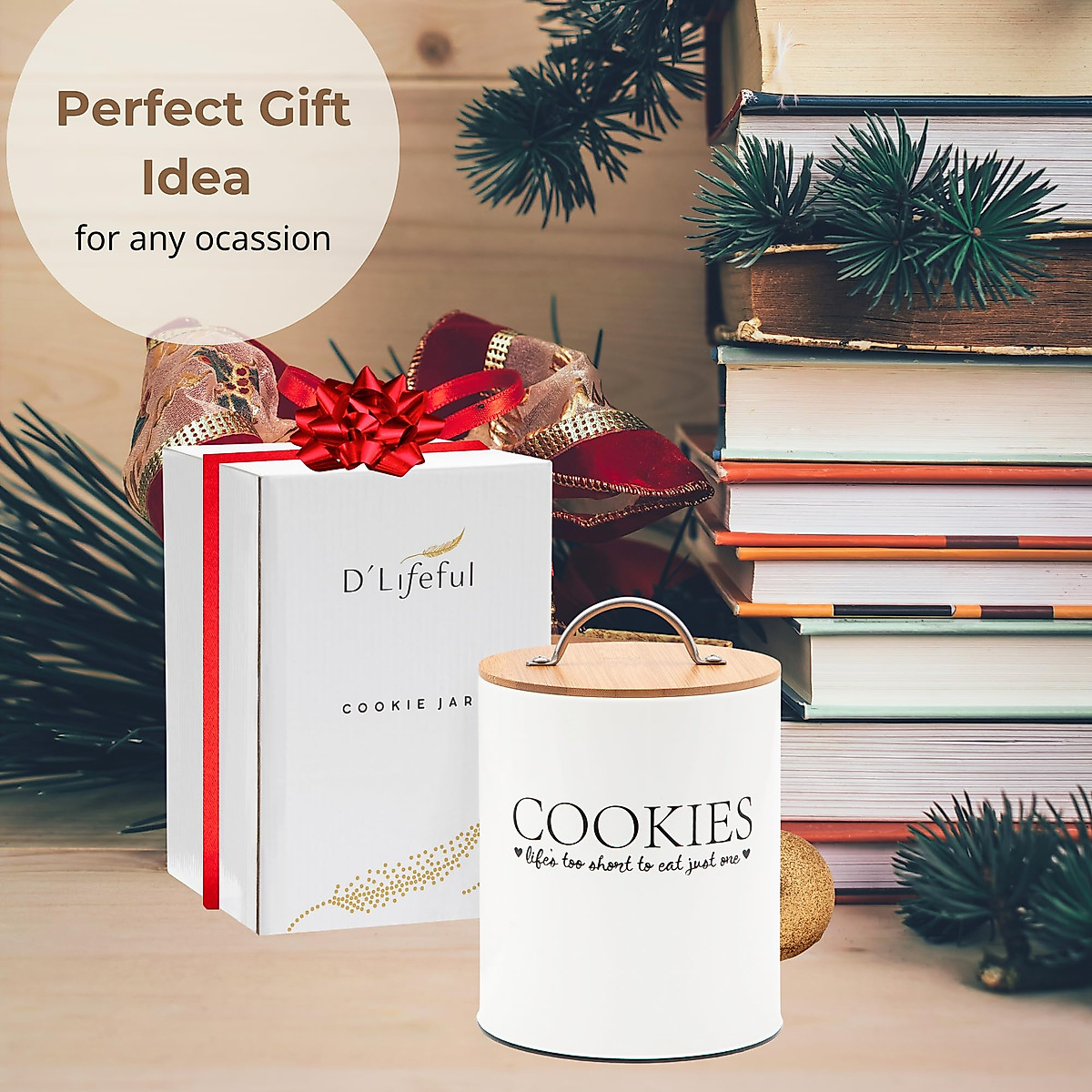 D'Lifeful Farmhouse Cookie Jars for Kitchen Counter with Airtight Seal Bamboo Lid - Decorative Tin Cookie Jar with Lids - Storage Container for Cookies and Baking Supplies