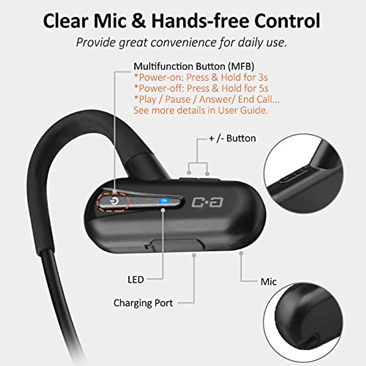 Open Ear Wireless Headphones, Air Conduction Open Earbuds with Clear Mic for Call, Quality Sound Extra Lightweight Comfortable & Healthy Wearing, for Outdoor Sport Gym Work, Bluetooth 5.0, CGS-B6