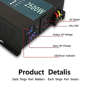 WZRELB for AC appliances 2500W 12V DC to AC Power Inverter Pure Sine Wave Solar Power Converter (RBP250012B1)