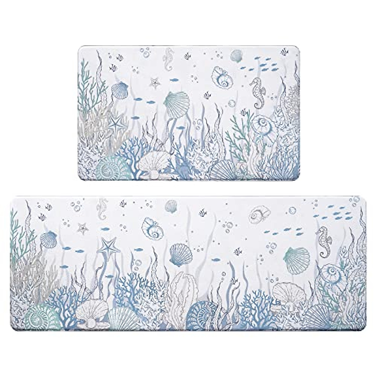 ASPMIZ Kitchen Mat Anti Fatigue 2 Piece, Beach Kitchen Rugs for Floor, Cushioned Kitchen Runner Mat Non Skid Washable, Waterproof Memory Foam Comfort Mat for Home Sink, 18'' x 48'' + 18'' x 30'' White