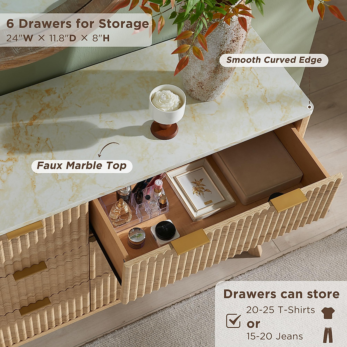 T4TREAM Fluted 6 Drawers Dresser, 54" Wide Modern Chest of Drawers with Faux Marble Top, Curved Profile Design, Dresser TV Stand, Wood Drawer Organizer for Bedroom, Living Room, Hallway, Natural Oak