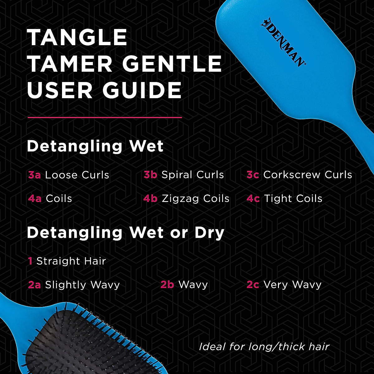 Denman Tangle Tamer Ultra (Blue) Detangling Paddle Brush For Curly Hair And Black Natural Hair - use with both Wet & Dry Hair, D90L