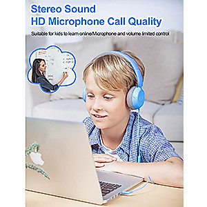New bee Kids Headphones for School with Microphone HD Stereo Safe Volume Limited 85dB/94dB Foldable Lightweight On-Ear Headphone for Boys/PC/Mac/Android/Kindle/Tablet/Pad (Blue)