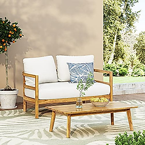 Christopher Knight Home Ellendale Loveseat and Coffee Table Set, White + Teak