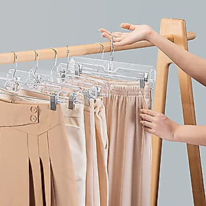 HOUSE DAY Pants Hangers 12 Pack Skirt Hangers with Clips 14 Inch Clear Hangers 360-Rotating Stainless Steel Clips,Hangers with Adjustable Clips for Adult and Hangers for Pants, Skirts, Jeans,Slacks