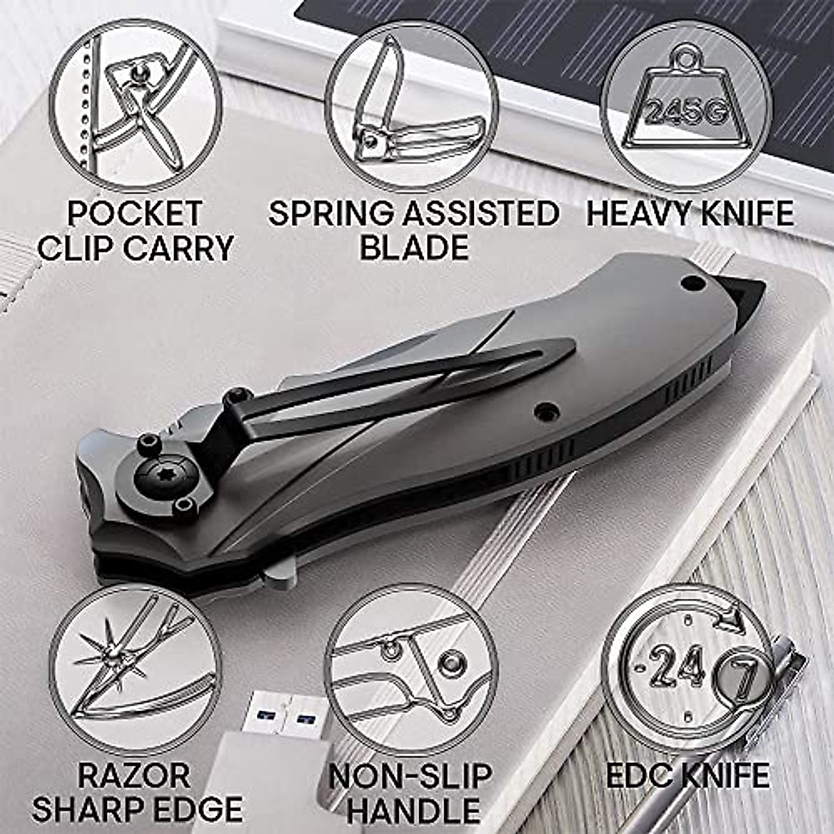 Bundle of 2 Items - Heavy Pocket Knife for Men - Folding Knife with Glass Breaker and Pocket Clip - Tactical Knofe - Multitool with Knife and Pliers - Utility Set of Mini Tools for Everyday Use - Gift