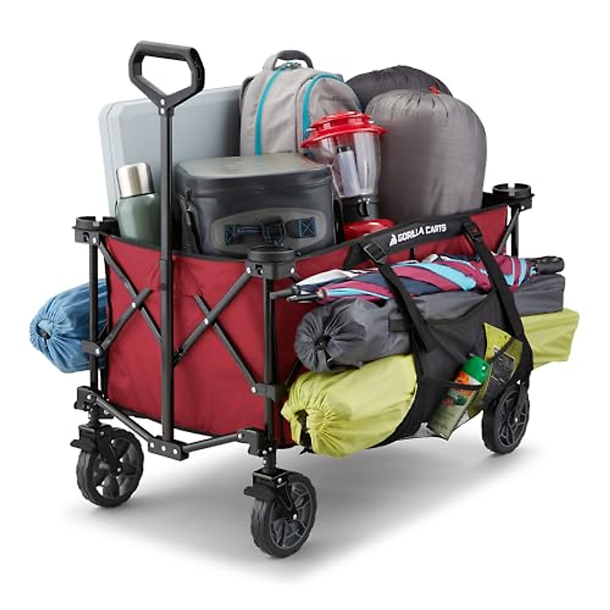 Gorilla Carts 7 Cubic Feet Collapsible Folding Outdoor Utility Sports Beach Wagon, with 150 Pound Capacity, Oversized Bed, & Cup Holder, Red