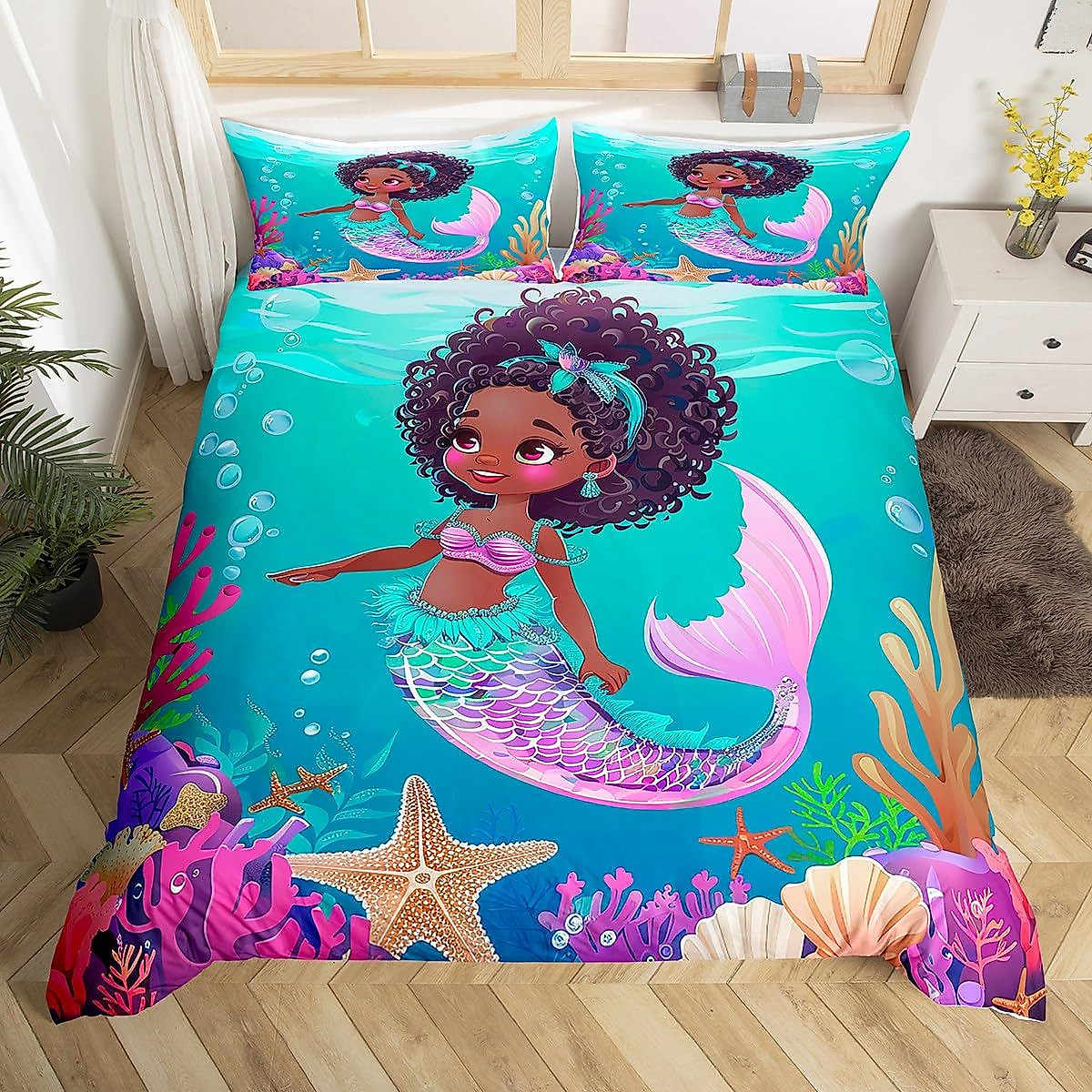 Erosebridal Black Mermaid Comforter Cover Twin Black Princess Girl Bedding Set Cute Ocean Mermaid Bed Set for Little Girls American African Duvet Cover Marine Life Room Decor 1 Pillow Case