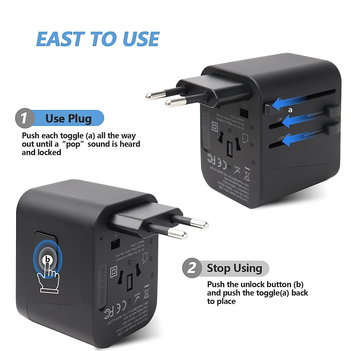 LOVE BEIDI Travel Essentials, International Travel Adapter for European US UK AUS JP, Universal Travel Adapter Plug Adapter Wall Charger with 4 USB Charging Ports for Men Women