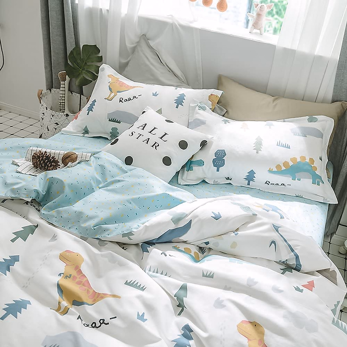 BuLuTu Dinosaur Kids Bedding Sets Twin Cotton,3 Pieces Premium Soft Reversible Dino Forest Print Teen Boys Girls Twin Duvet Cover Set Cotton with Zipper Closure and Ties,NO Comforter