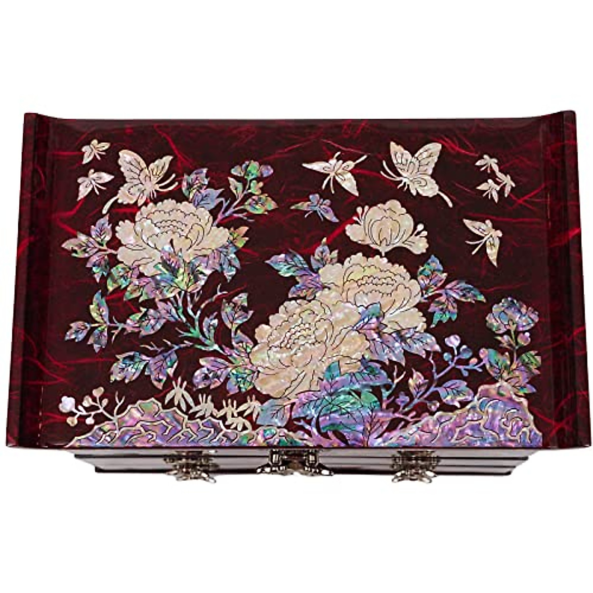 February Mountain Mother of Pearl Wooden Jewelry Organizer Box – Jewelry Storage Box for Women, Features Spacious Drawers, Ideal for Rings, Bracelets, Watches, Chains, Accessories (Peony_Red)