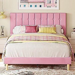 LIKIMIO Full Bed Frames, Velvet Upholstered Platform Bed Frame with Headboard and Strong Wooden Slats, No Box Spring Needed/Noise-Free/Easy Assembly, Pink