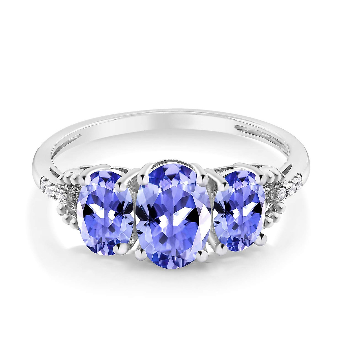 Gem Stone King 10K White Gold 3-Stone Diamond Engagement Ring 1.67 Ct Oval Blue Tanzanite (Size 7)