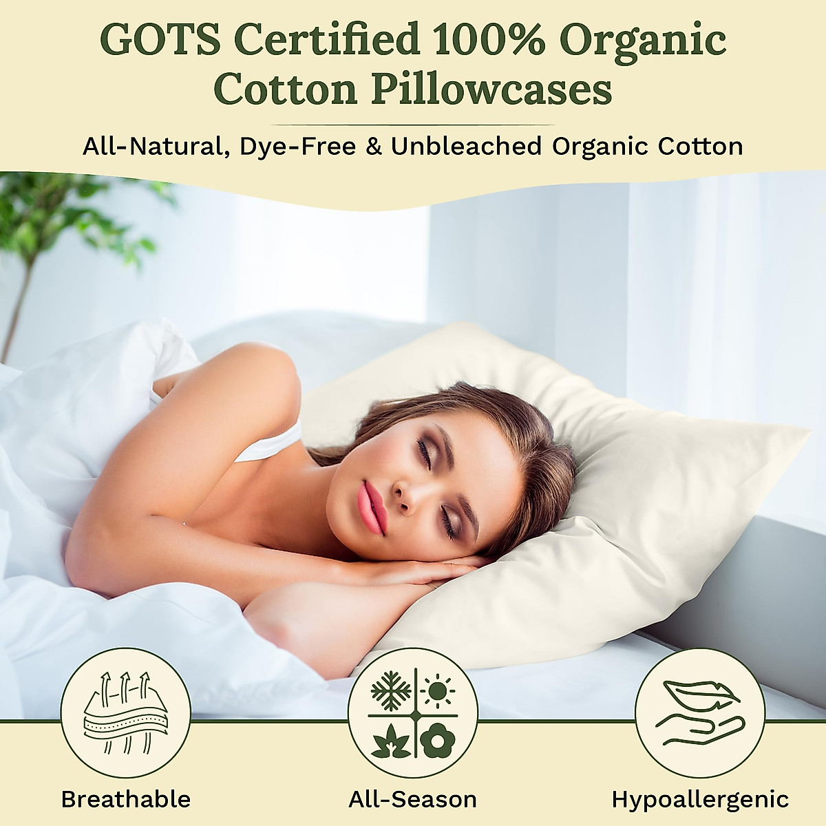 Organic Cotton Standard Size Pillowcases - Off-White, GOTS Certified, 400 Thread Count, 21"x30", Unbleached, Dye-Free All Natural 100% Cotton Pillow Cases (Off-White, Standard Size - Set of 2)