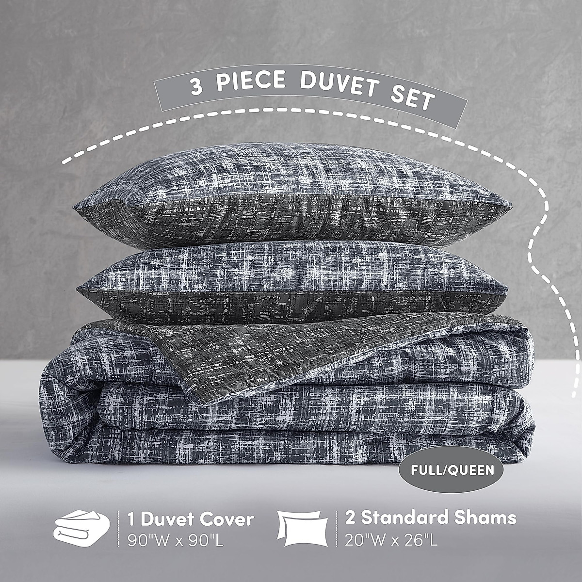 Comfort Spaces Queen Duvet Cover Set - Grey Bedding for All Season, Ultra Soft 3 Pieces Reversible Duvet Cover with 2 Matching Shams, Button Closure, Machine Washable, Full/Queen