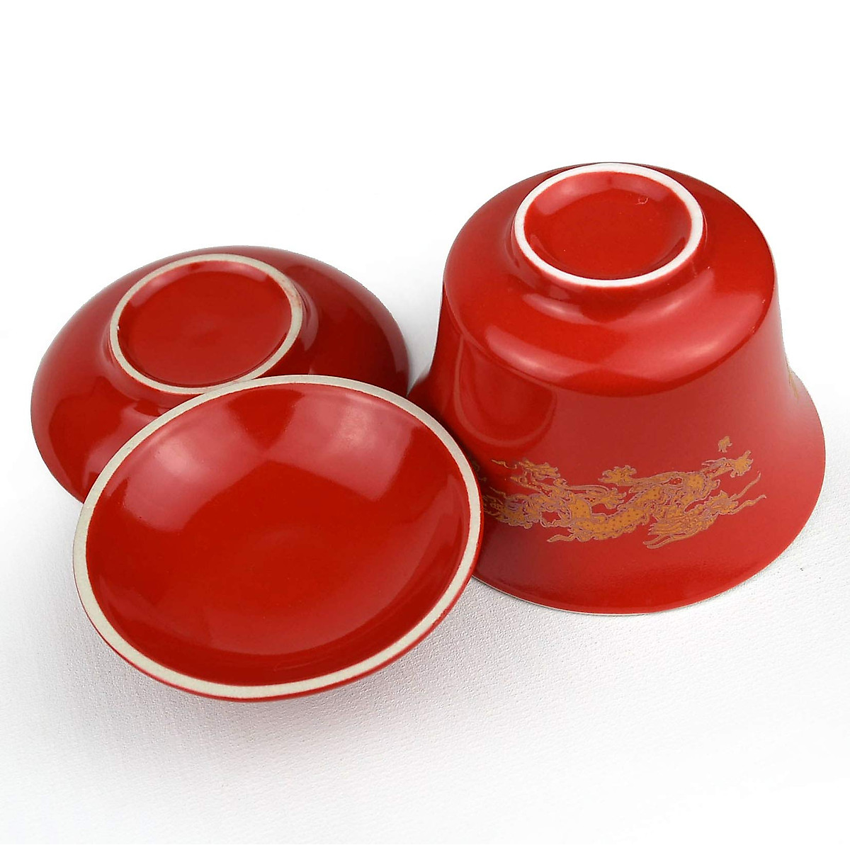 Gaiwan 2 Suits Porcelain Teacups 8oz Cups Chinese Dragon and Phoenix Cover Bowl Saucer Red tureen for Wedding Party (Dragon phoenix)