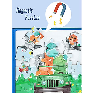 Vileafy Magnetic Puzzles for Kids Ages 4-8, 3 in 1 Wooden Dinosaur Puzzles Book for Boys Girls, Preschool Educational Learning Toys and Travel Games Toys (Dinosaur 25P+30P+42P)