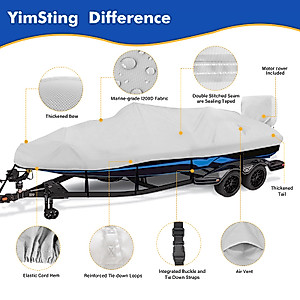 YimSting Boat Cover 14-16 ft feet 1200D Waterproof Boat Covers with Motor Cover Fits Bass Boat, V-Hull Tri-Hull Boat, Runabout Bowrider Boat, 14' 15' 16' Foot,Heavy Duty Canvas Gray