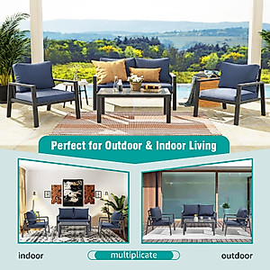 Soleil Jardin 4-Piece Aluminum Outdoor Patio Furniture, Patio Conversation Sofa Set with Removable Cushions, Tempered Glass Top Coffee Table, Dark Grey Finish & Denim Blue Cushion