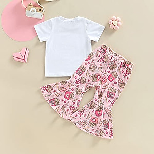 Toddler Baby Girls Valentine's Day Outfit Casual Short Sleeve T-Shirt Tops Heart Fries Flare Pants Bell Bottoms Clothes (Pink, 4-5 Years)