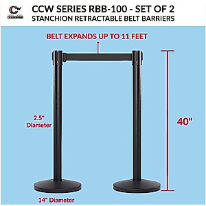 Crowd Control Warehouse CCW Series RBB-100 - Set of 2 Stanchion Retractable Belt Barriers - 11 Foot Black Belt, Black Post - Easy Assembly