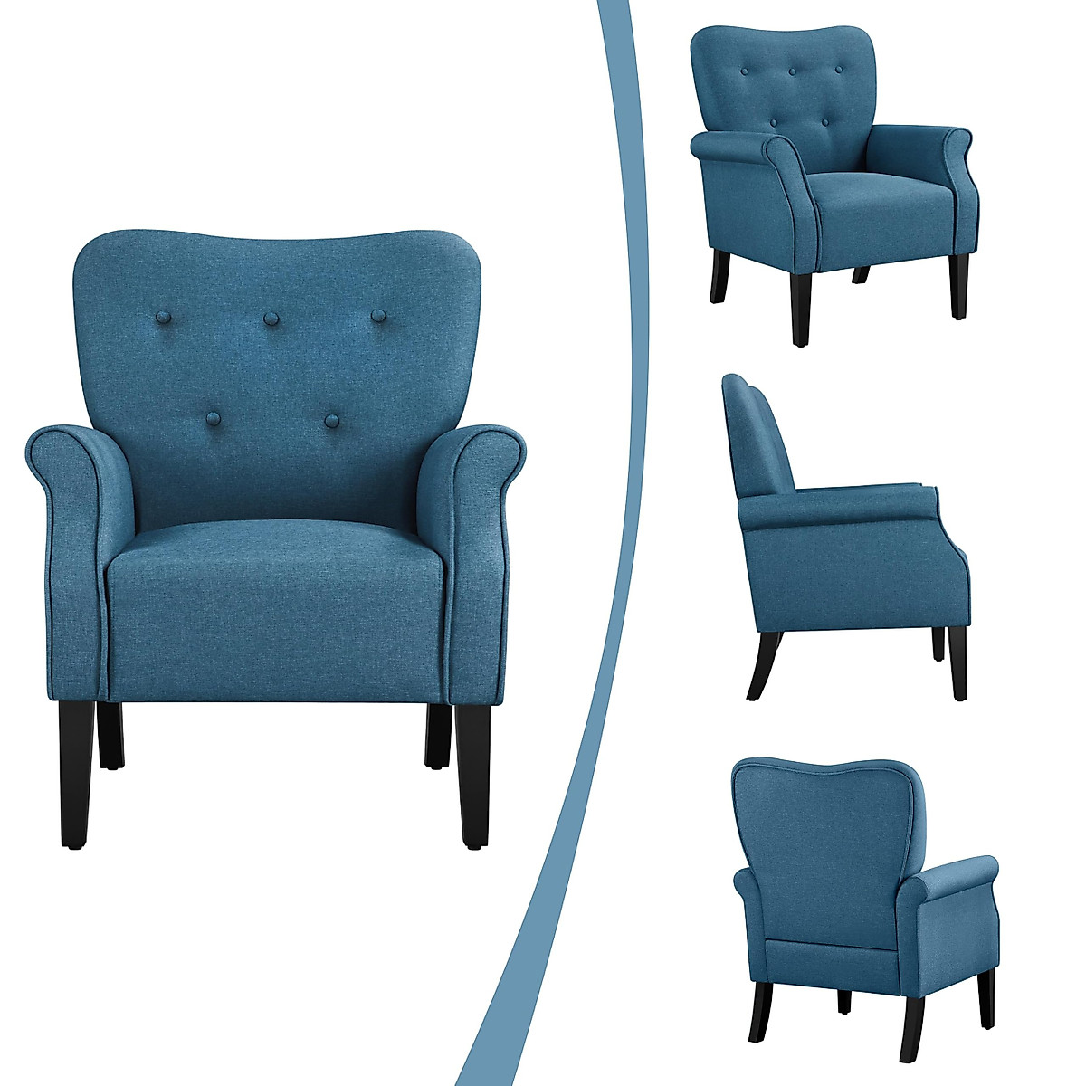 Yaheetech Modern Armchair, Mid Century Accent Chair with Sturdy Wood Legs and High Back for Small Space, Upholstered Fabric Sofa Club Chair for Living Room/Bedroom/Office, Navy Blue