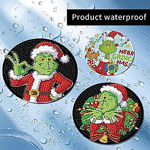KYOQFVN 8 PCS Christmas Diamond Art Coasters Kit with Holder, DIY Grinch Diamond Painting Coasters for Adults, 5D Grinch Xmas Diamond dot Kits Coasters Craft Supplies