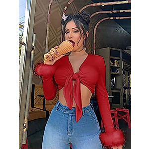 Zoyami Womens Sexy Tie Front Long Sleeve Crop Top Feather Trim V Neck Blouse Red Medium