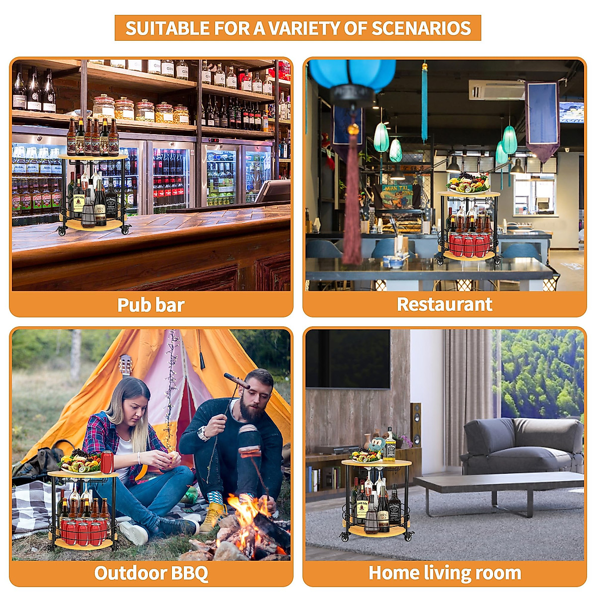 Small Bar Cart with Wheels, 2 Tier Serving Cart for Home Mobile Round Coffee Table Bearing 130 LBS Rolling Beverage Drink Cart, Coffee Corner Station with Wine Rack for Living Room Bedroom Office