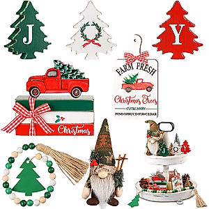 Christmas Tiered Tray Decor Christmas Book Stack Wooden Truck Tree Decor Farm Fresh Christmas Trees Wooden Block Sign Farmhouse Xmas Tree Gnomes Plush Beads Garland Decor Set for Home Table (Joy)