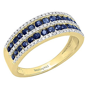 Dazzlingrock Collection Round Graduating Blue Sapphire with White Diamond Alternating Row Wedding Band for Women in 14K Yellow Gold Size 9