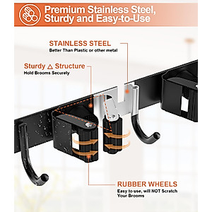 Broom Holder Over The Door-2PCS Drilling Free Mop and Broom Holder with 4 Over Door Hook, Metal Mop and Broom Holder Wall Mount Broom Storage Tool Organizer for Laundry Room Garage Kitchen Bathroom