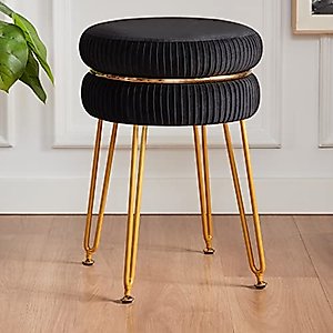 Soohow Velvet Vanity Chair for Makeup Room, Upholstered Foot Stool Vanity Stool, 360° Swivel Round Ottoman Foot Rest Makeup Chair, Vanity Bench Foot Stools Ottoman with Metal Legs for Living Room