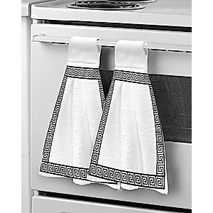 Ldtrchee Black Geometric Hand Towel with Hanging Loop, Modern Key Greek Design Abstract Art Hanging Tie Towels Set 2 Pcs, Kitchen Absorbent Towel for Bathroom Tea Bar Laundry