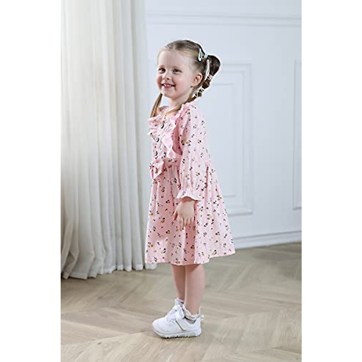 Toddler Girl Dress Fall Winter Clothing Kids Long Sleeve Ruffle Skirt Outfits Floral Dresses (Pink, 2-3T)