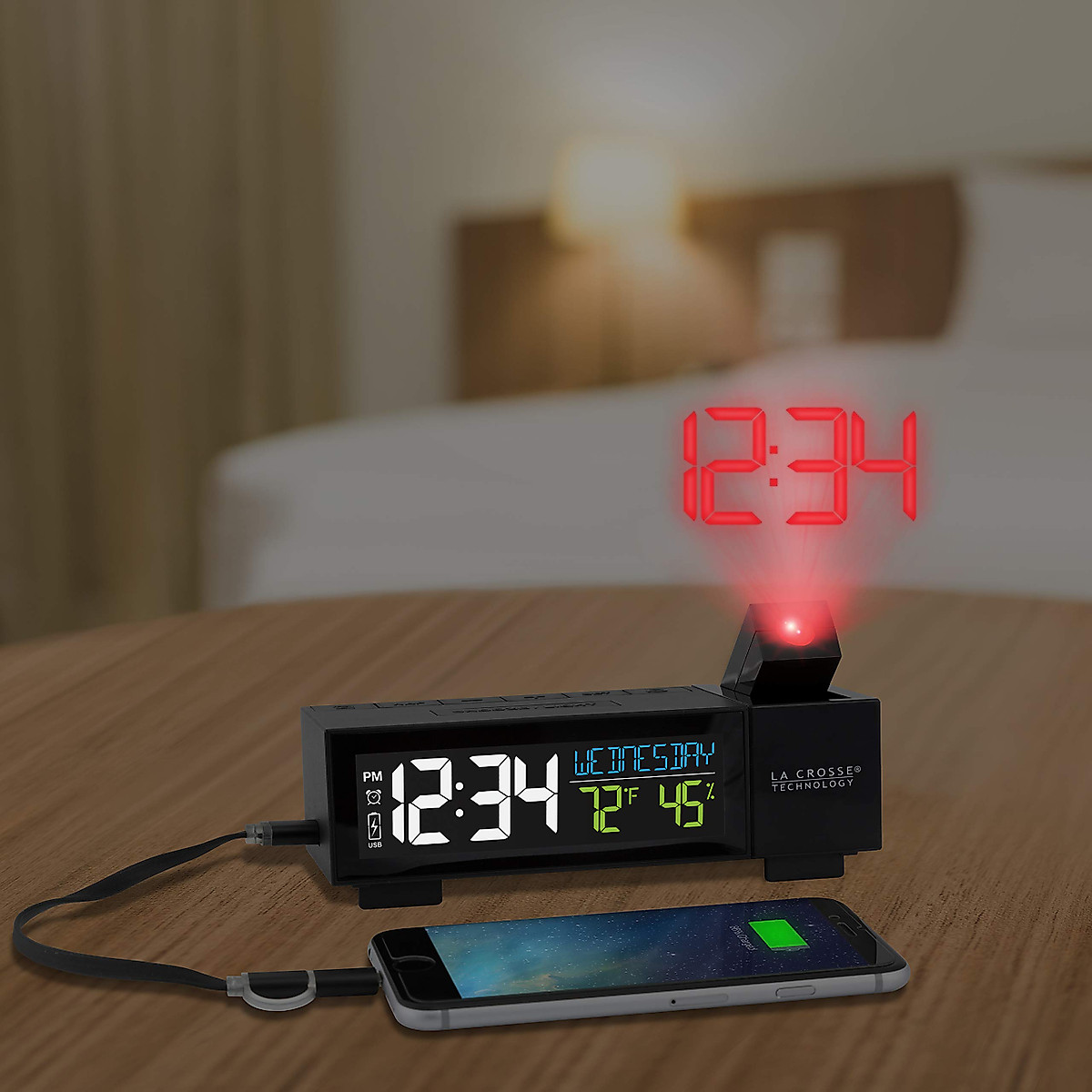 La Crosse Technology 616-1950-INT Pop-Up Bar Projection Alarm Clock with USB Charging Port