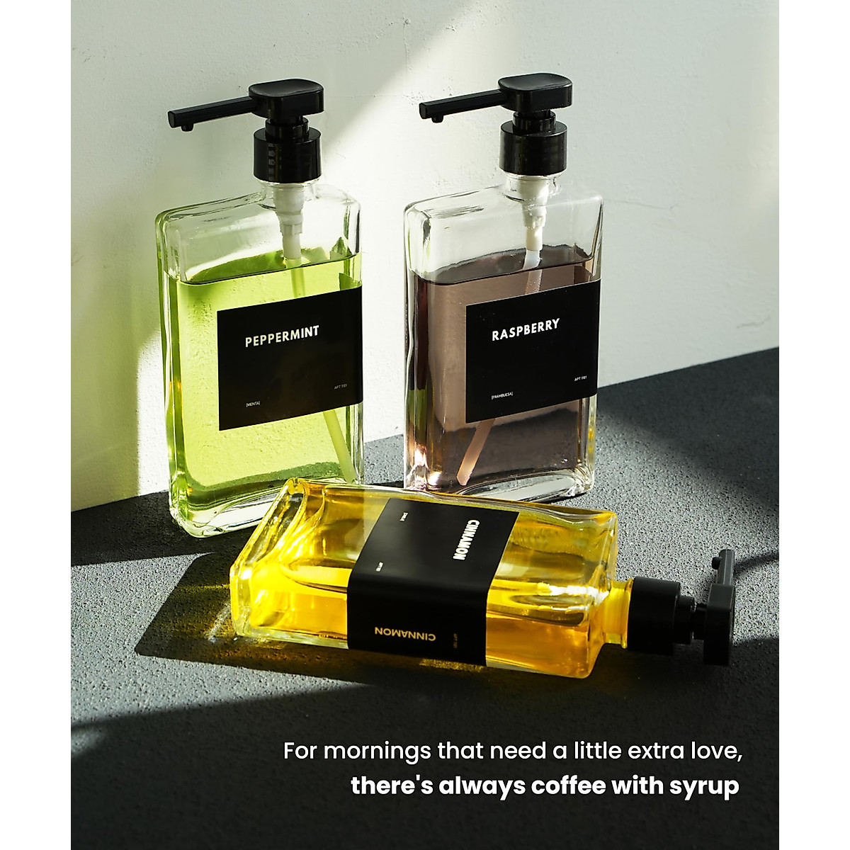 APT 1101 Glass Coffee Syrup Dispensers with Pumps, Syrup Bottles with Label Set - Essential Coffee Bar Accessories, 11.8 oz/350ml, Set of 2 (Black)