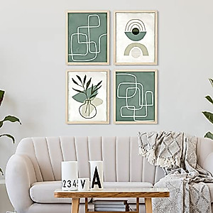ArtbyHannah 11x14 Boho Framed Wall Art Set of 4, with Sage Green Geometric Line and Bohemia Art Prints for Home Decoration