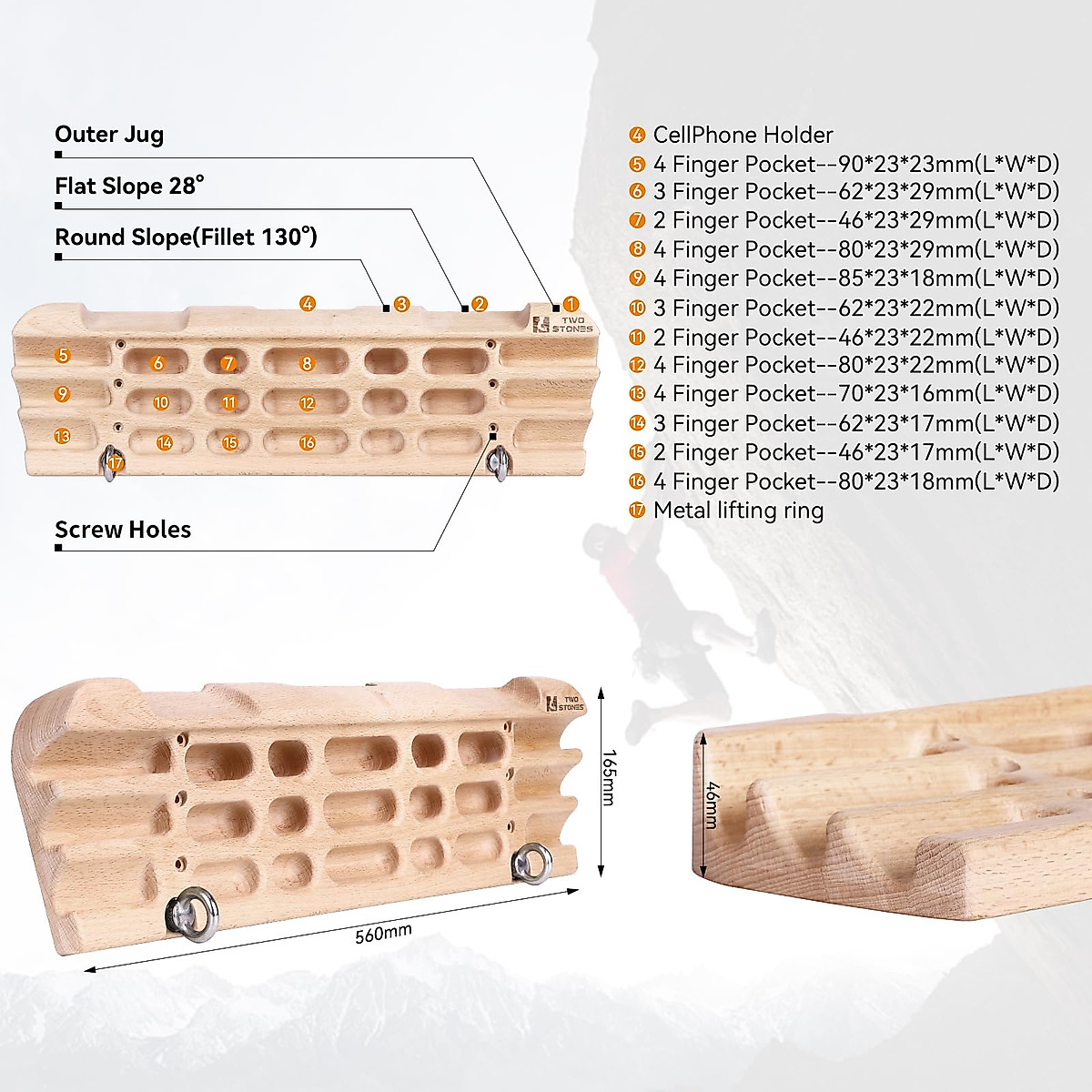 Hangboard Rock Climbing Hangboard with Jugs, Edges, Slopers, Pockets and Phone Hoder, Climbing Fingerboard Designed with Two Hooks for Rock Climbers